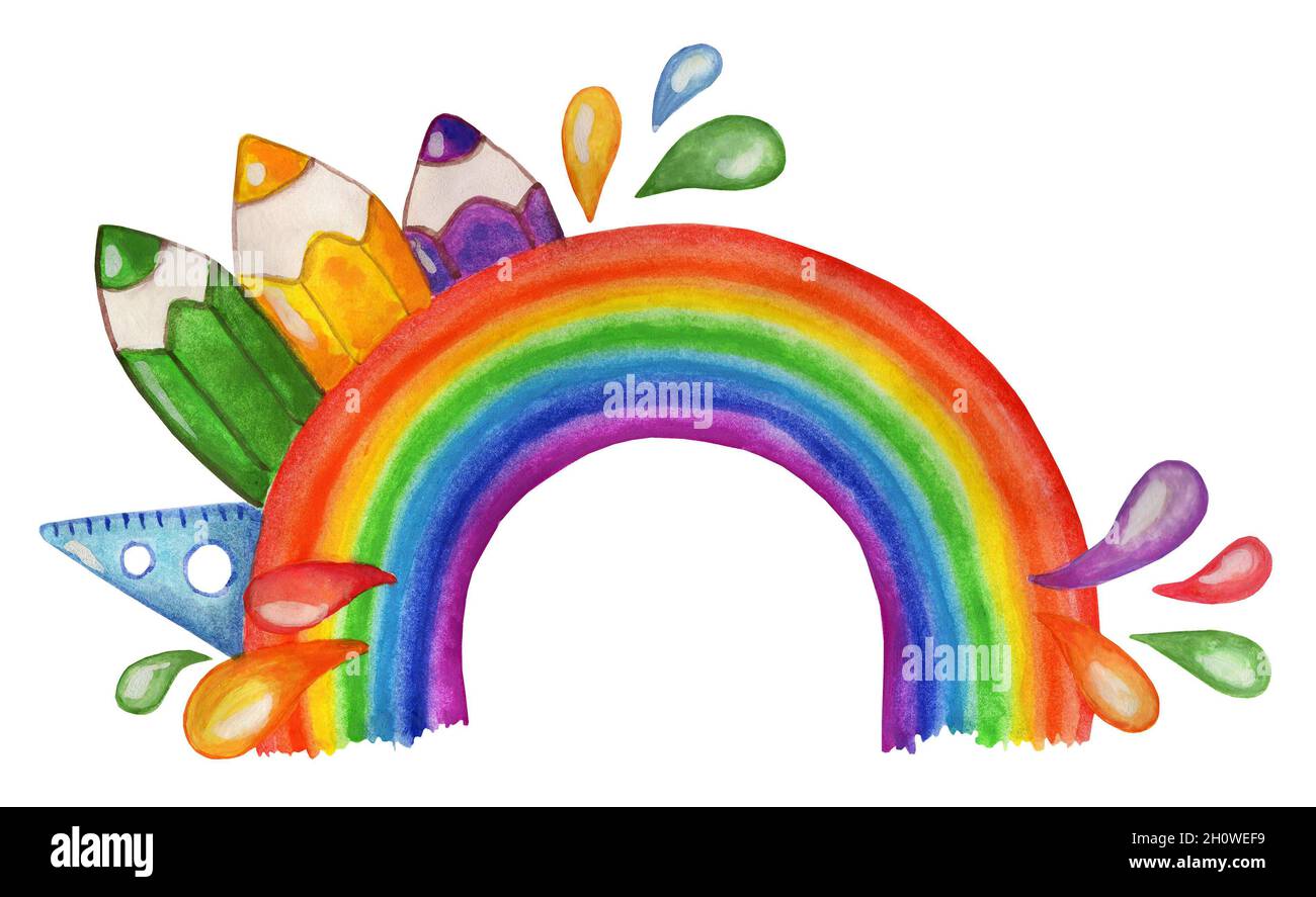 Bright rainbow with school supplies. Rainbow, pencils, ruler. Children ...