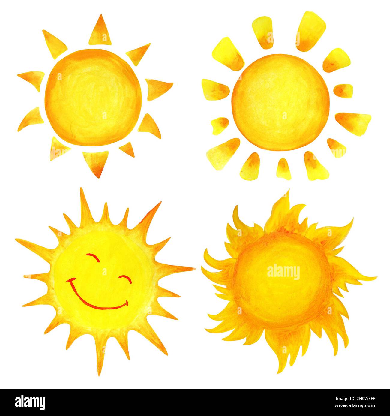 Set of cartoon watercolor sun. Children's illustration of a hand-drawn ...