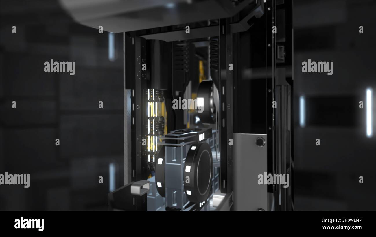 Close up of mechanism with opening technical flaps, view inside of ...