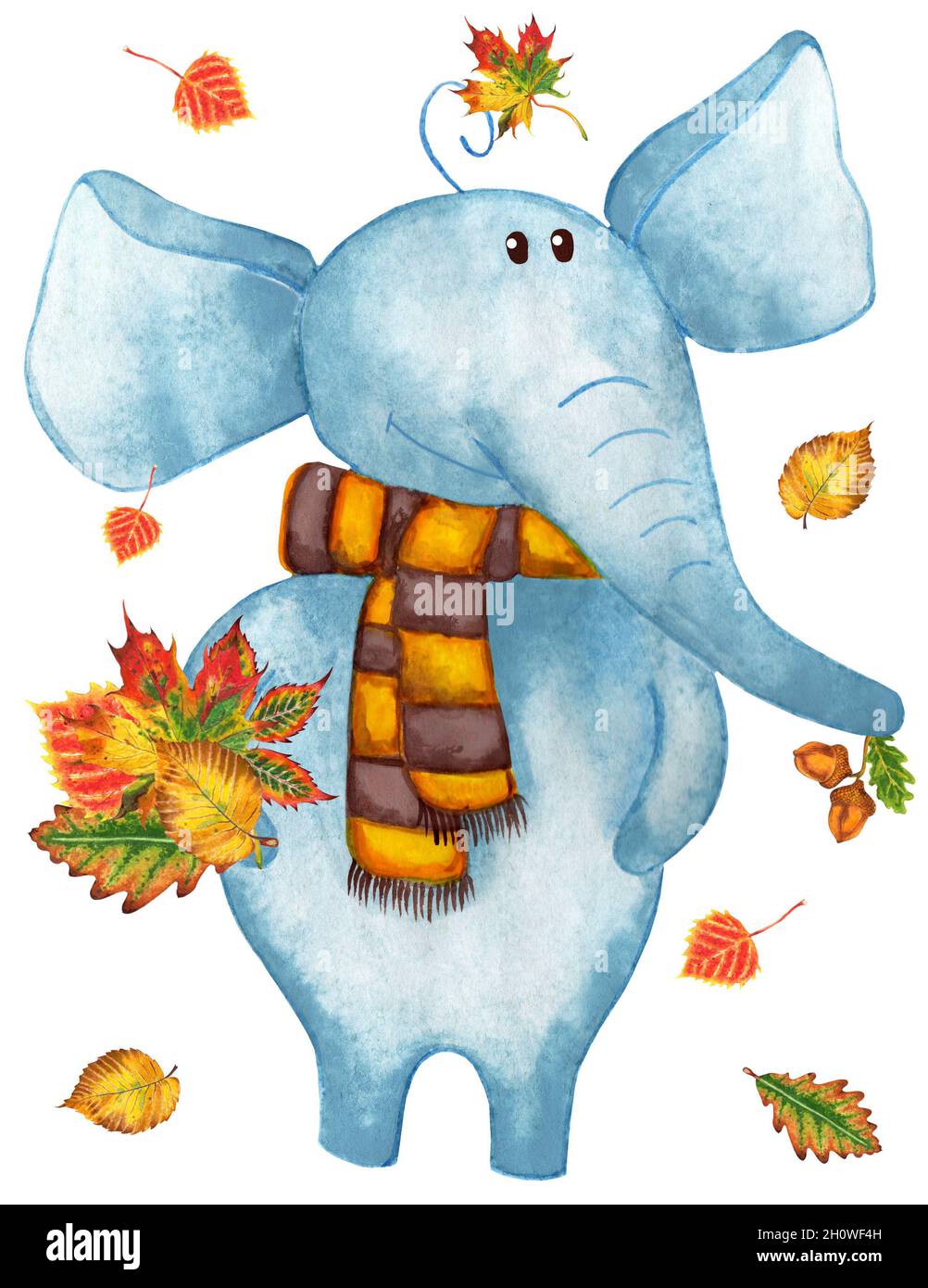 Elephant in a scarf with a bouquet of autumn leaves. Hello, autumn ...