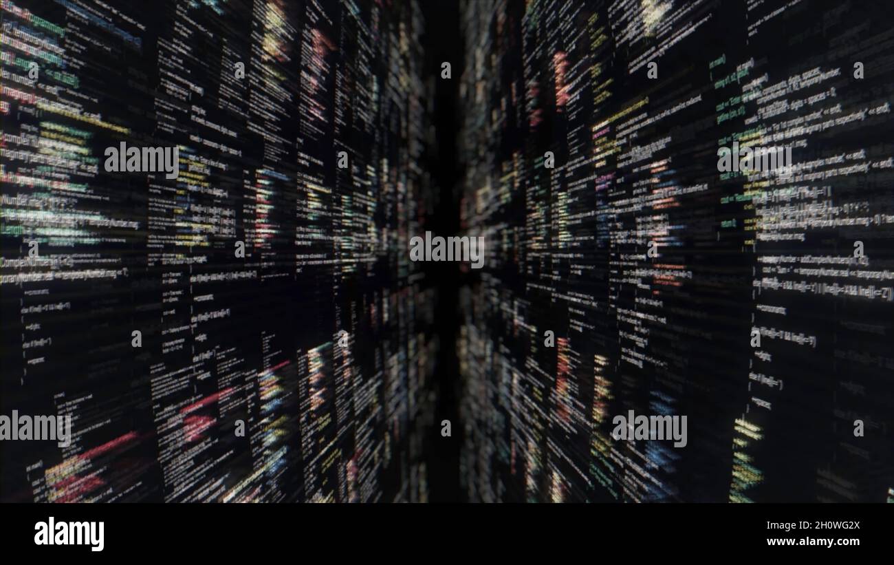 Computer script being typed endlessly on black background. Flying ...