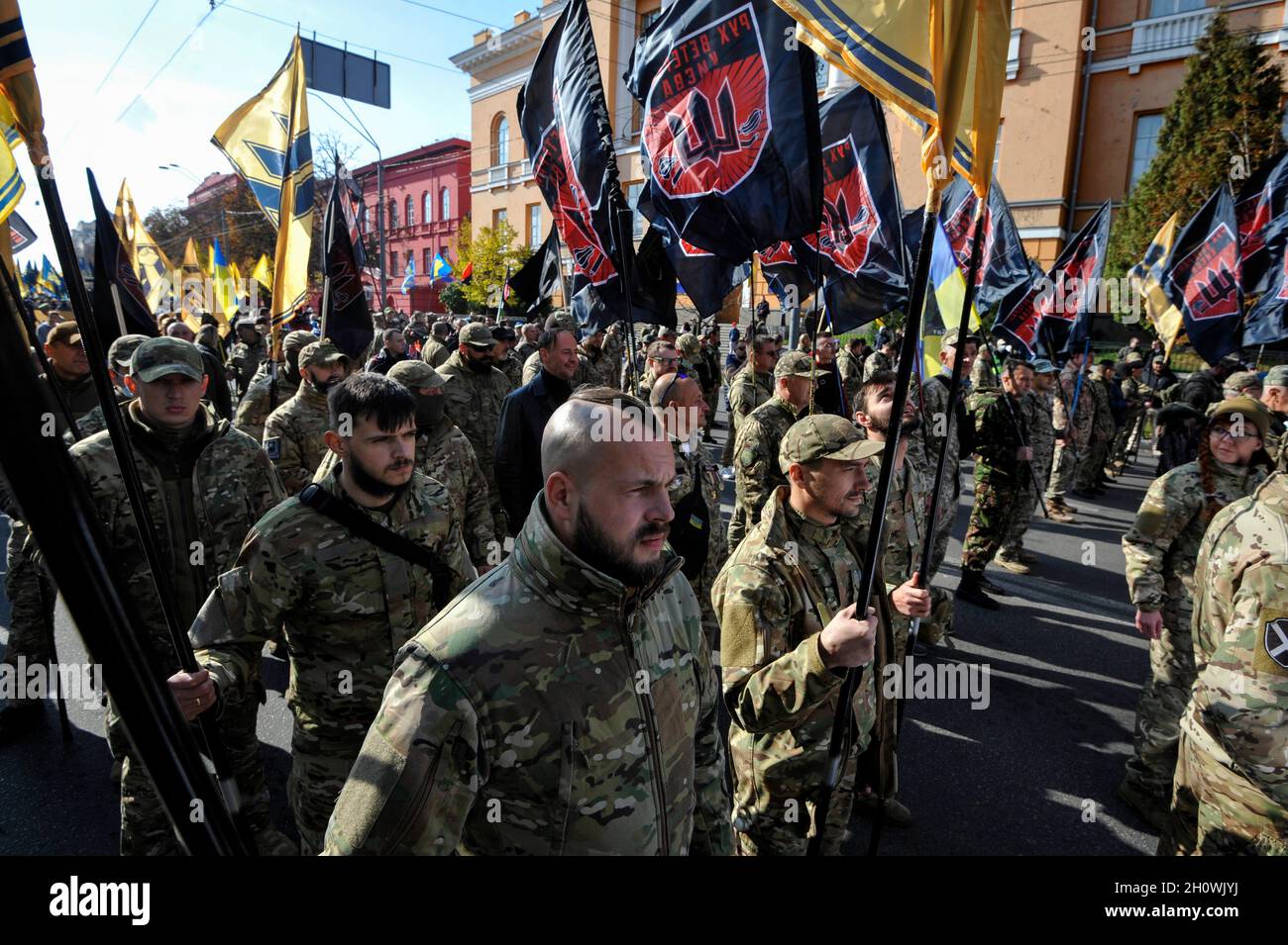 Kiev, Ukraine. 14th Oct, 2021. Ukrainian army veterans attend the March ...