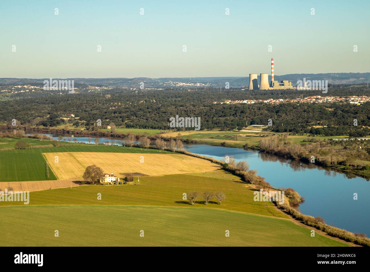Green fields, "Tejo" river and one Thermal power station at Abrantes ...