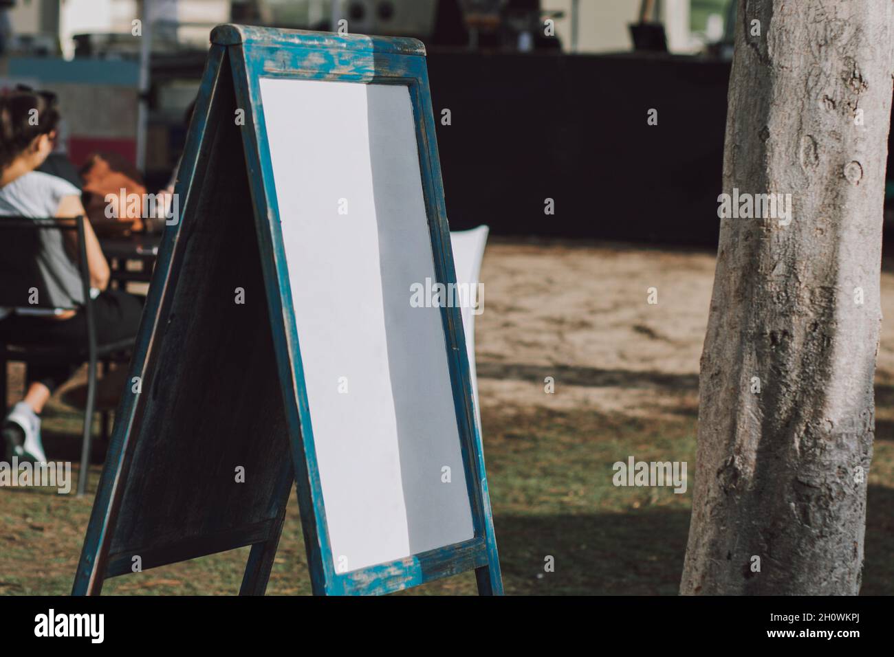 Blank board and template banner with nice blue colorful frame stands in ...