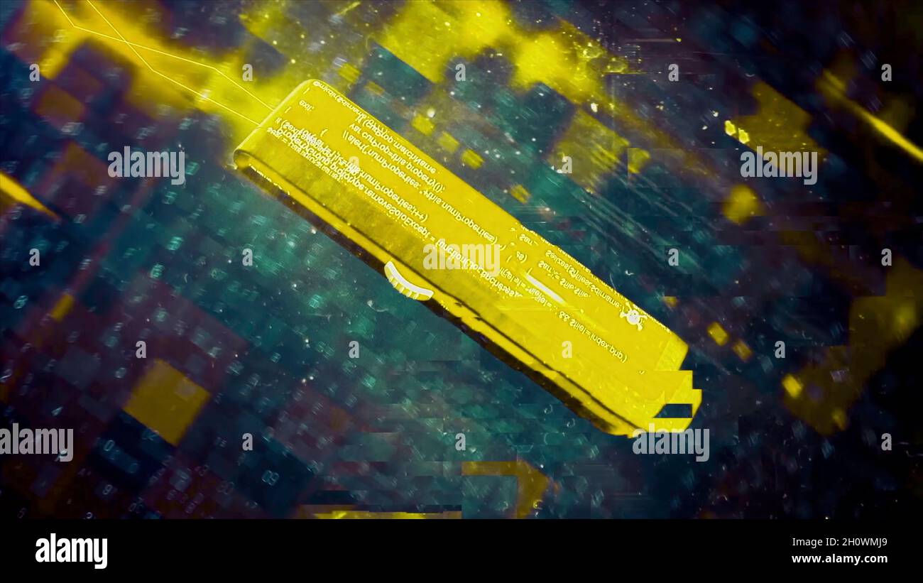 Abstract animation of golden usb flash drive with virus inserting in ...