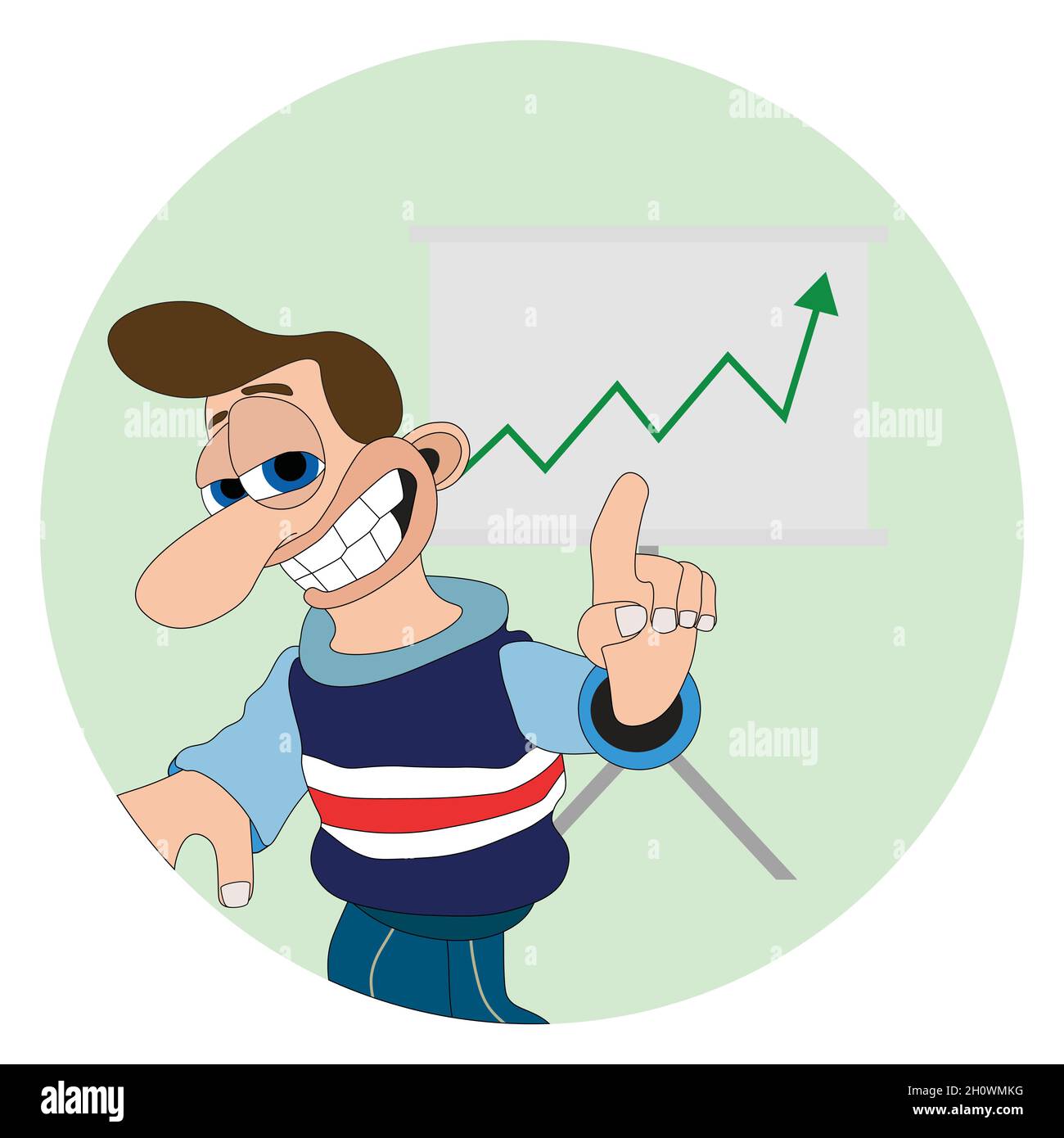 Man with a cheeky smile and big nose pointing at a graph showing growth ...