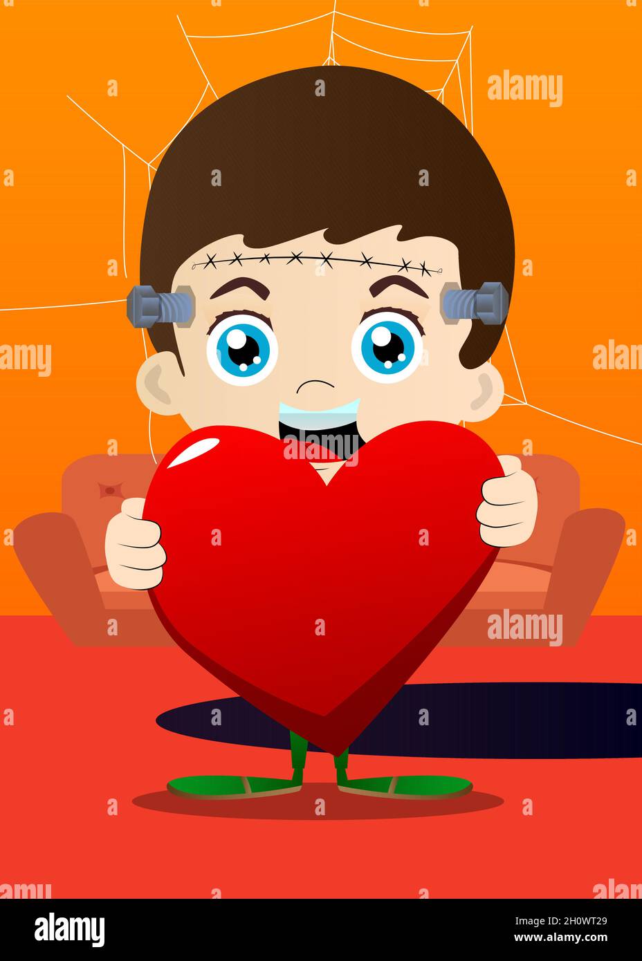 Kid dressed for Halloween hugging big red heart. Vector cartoon ...