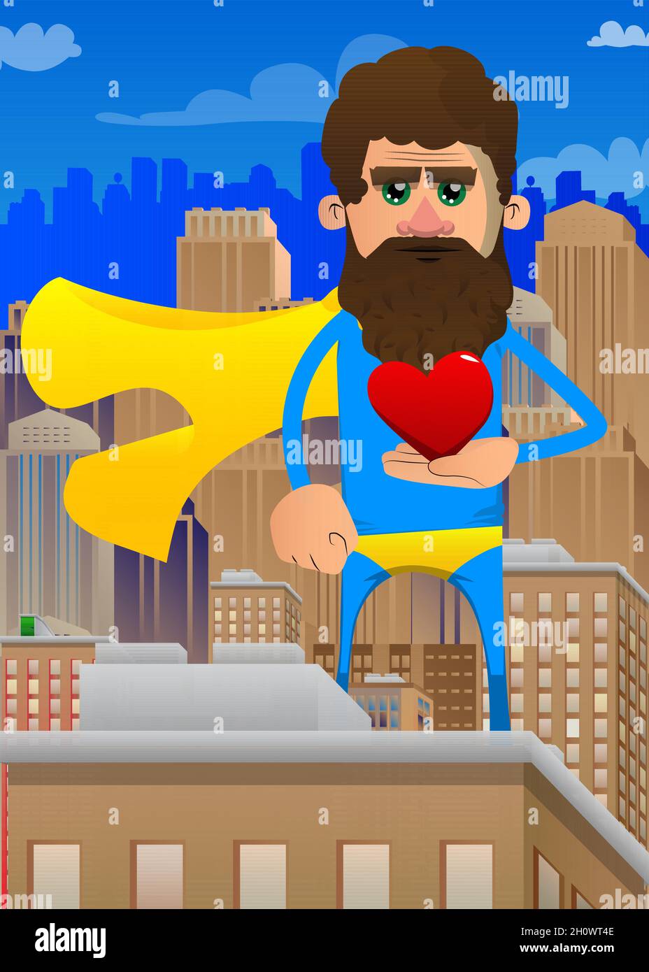 Funny cartoon man dressed as a superhero holding red heart in his hand ...