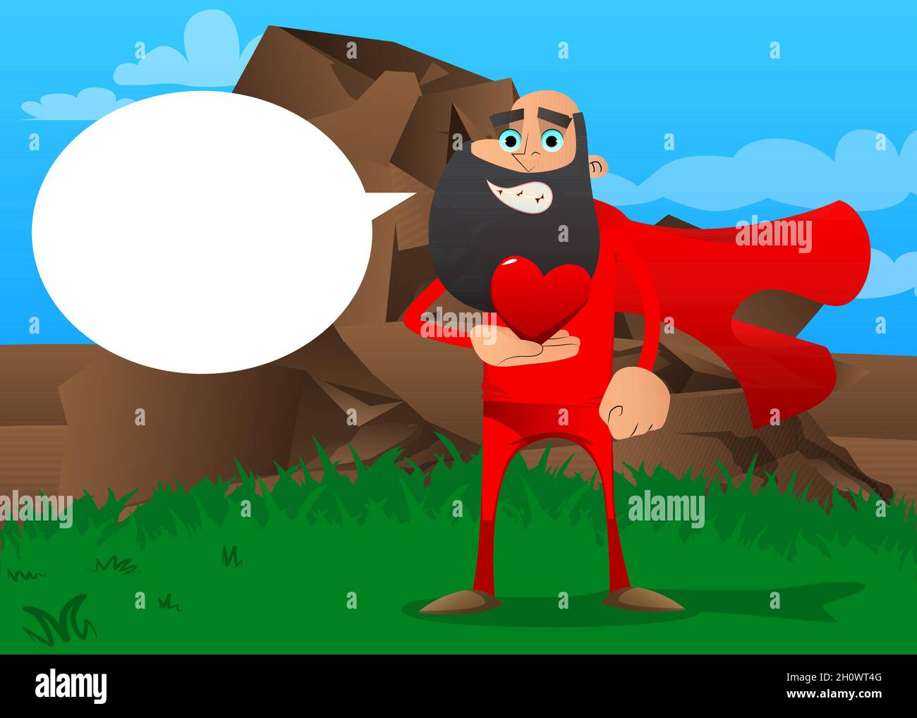 Funny cartoon man dressed as a superhero holding red heart in his hand ...