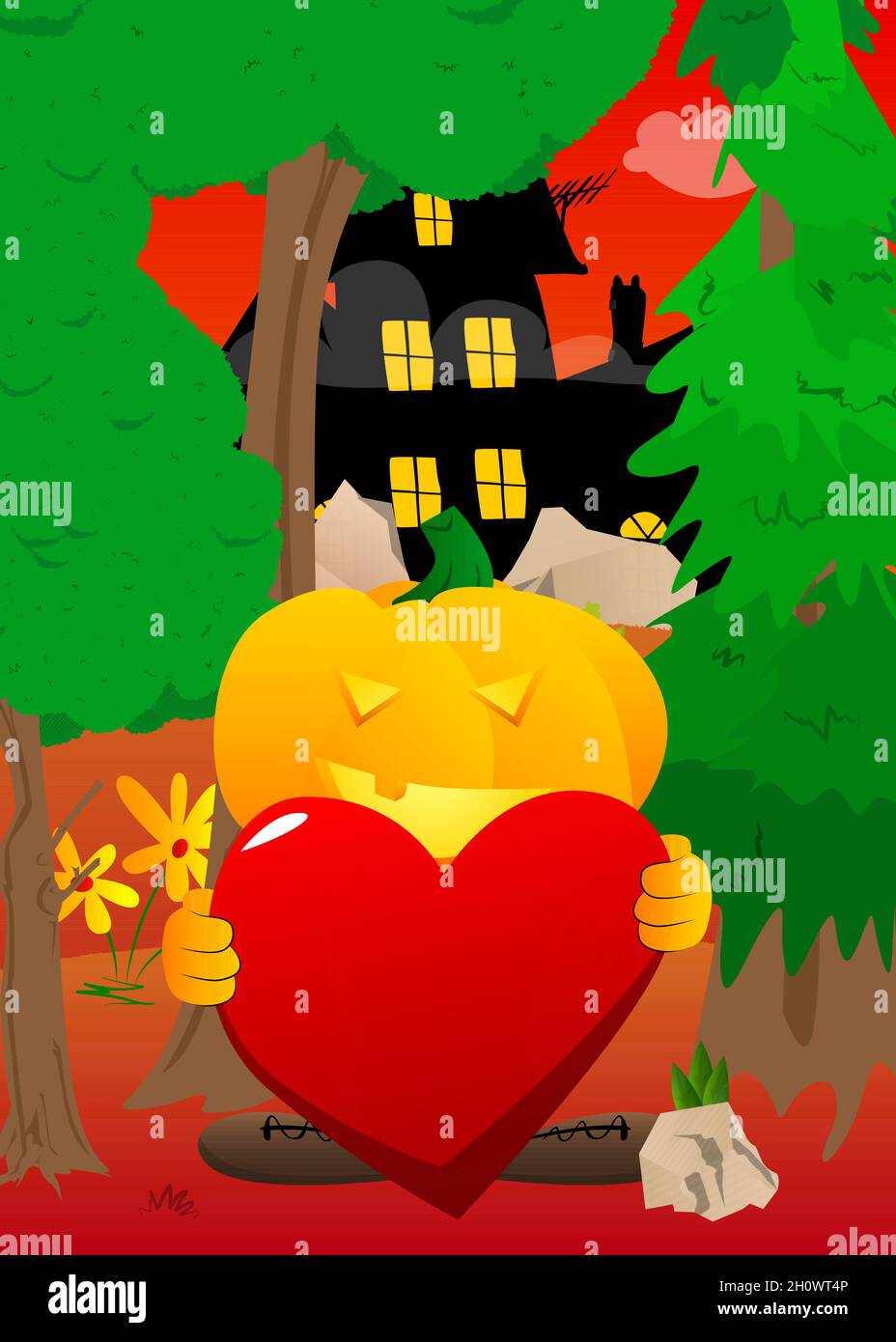 Decorative pumpkin for Halloween hugging big red heart as a cartoon ...
