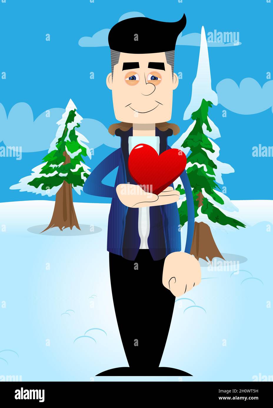 Funny cartoon man dressed for winter holding red heart in his hand ...
