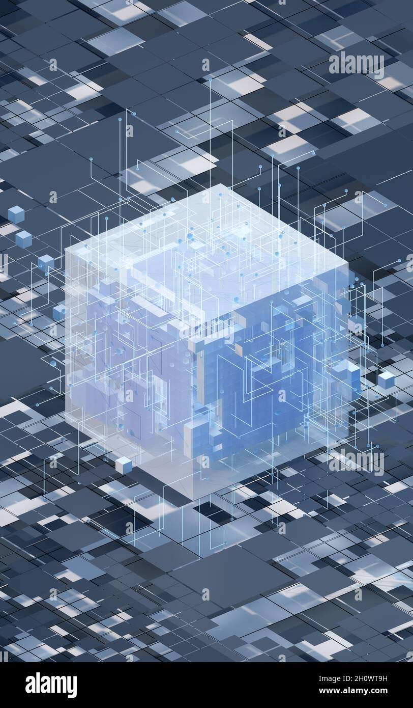 Blocks and circuits, materials science and technology, 3d rendering ...