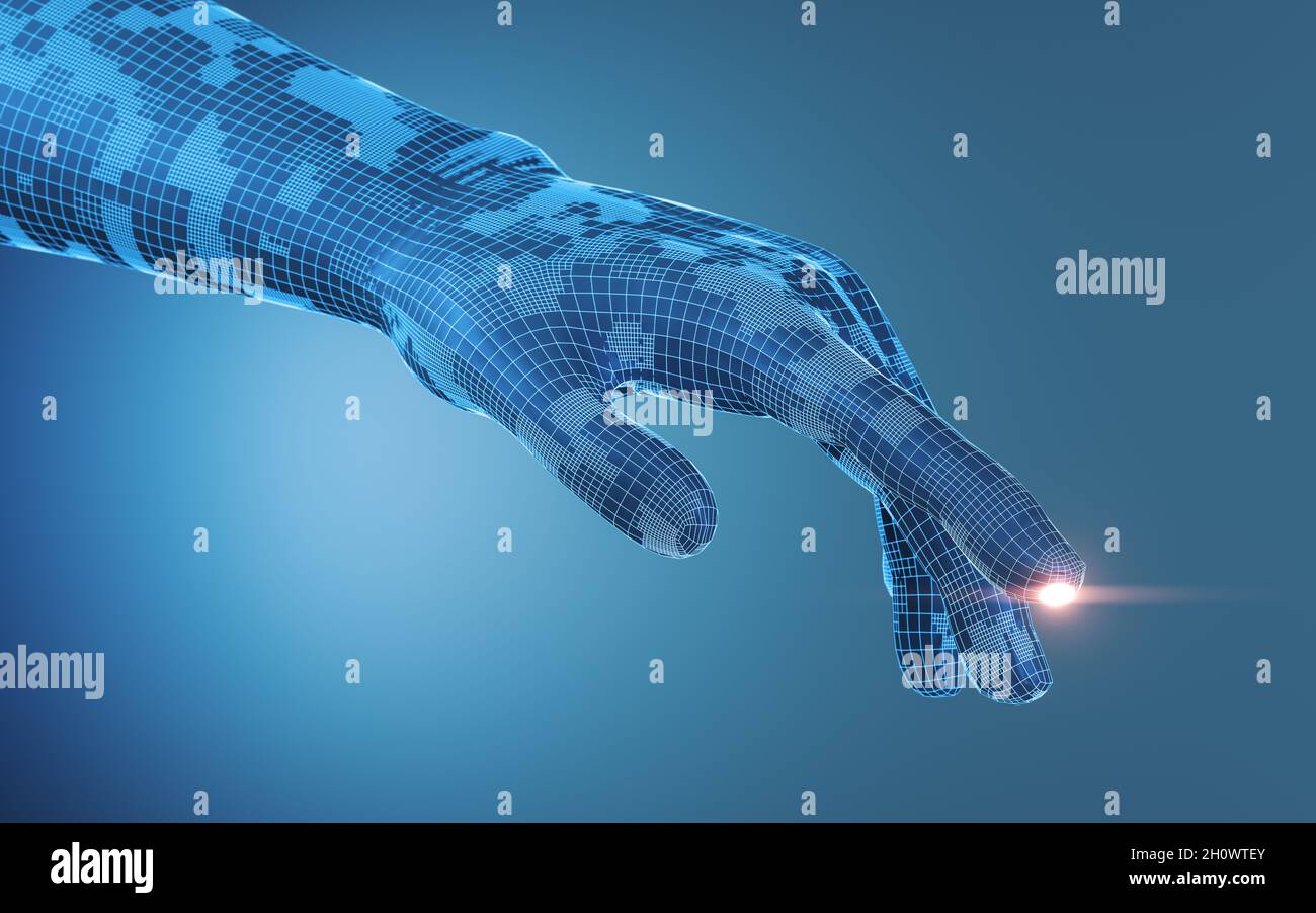 A virtual digital hand with blue background, 3d rendering. Computer ...