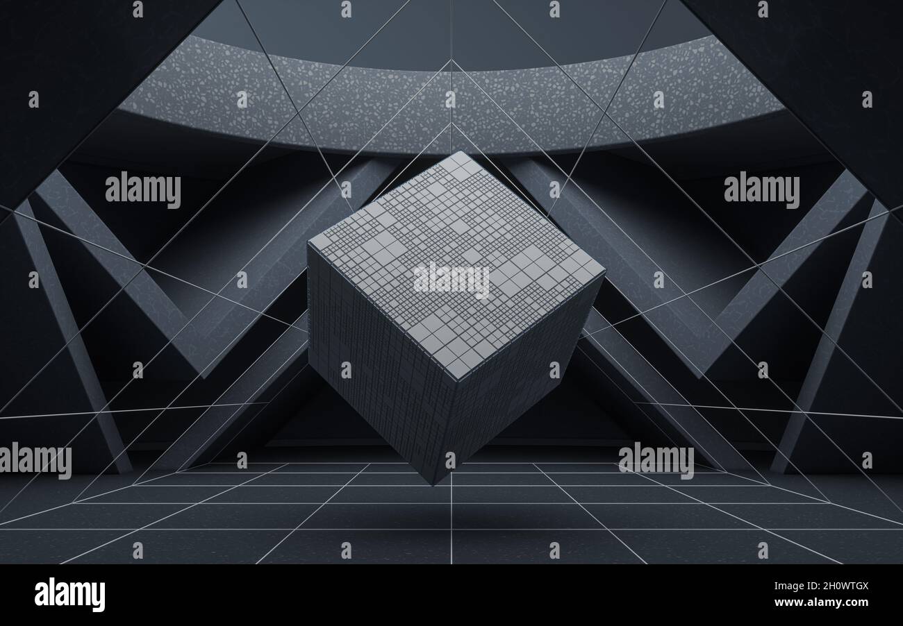 A cube in a round room, 3d rendering. Computer digital drawing Stock ...