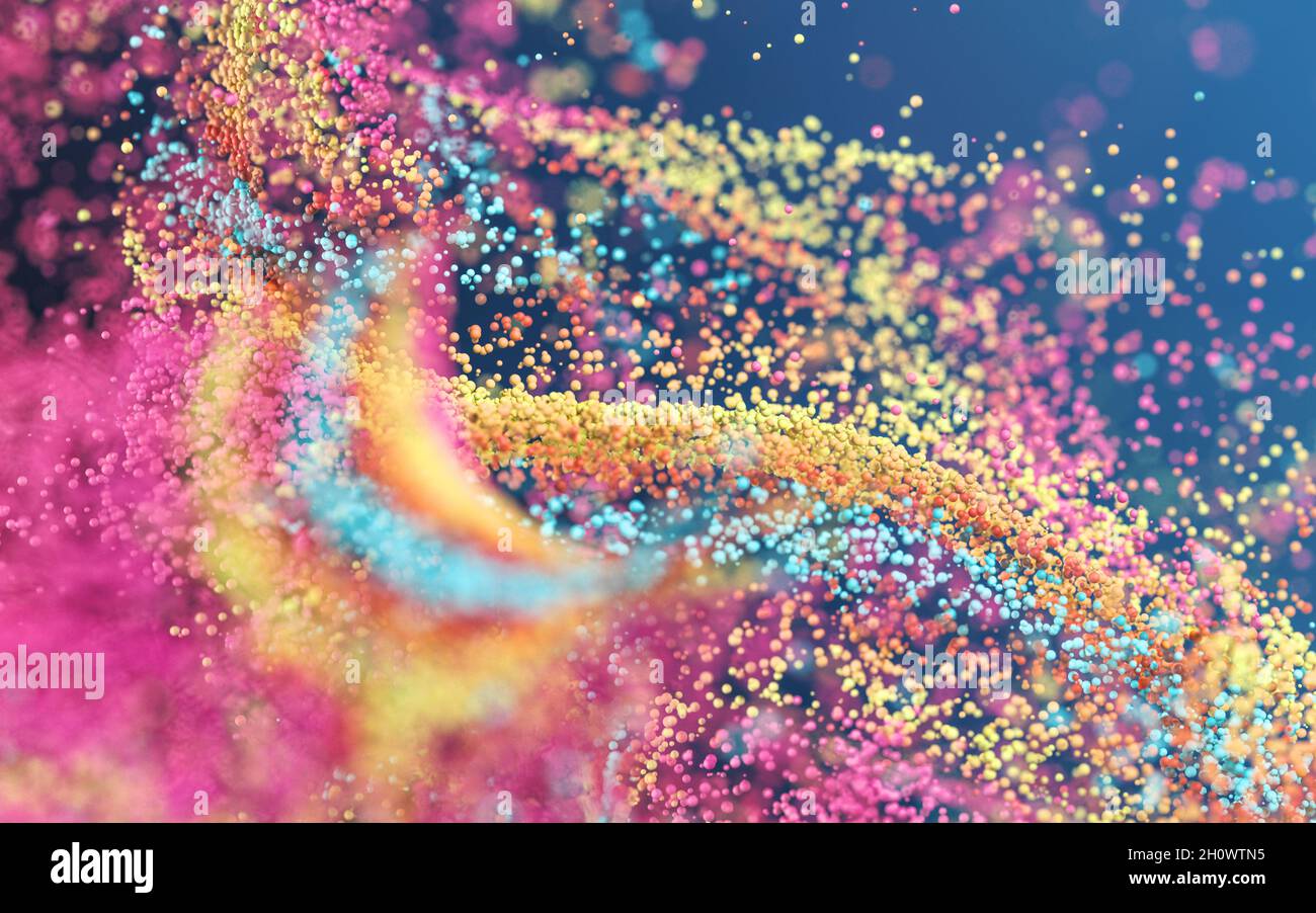 Colored particles with blue background, 3d rendering. Computer digital ...