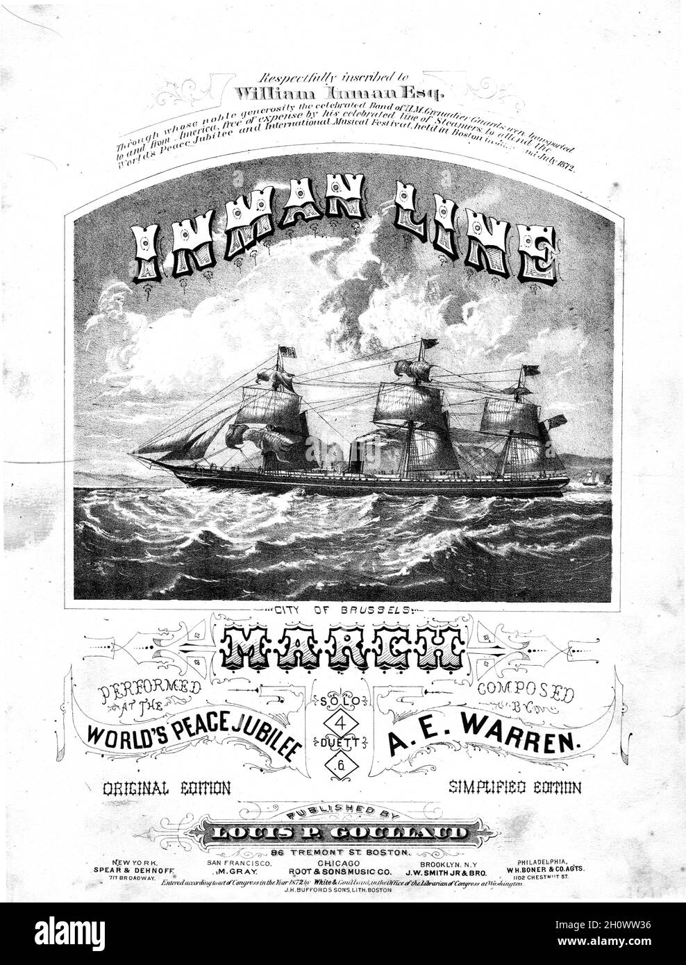 Inman Line MArch. 1872 illustrated sheet music of MASTED SAILING ...