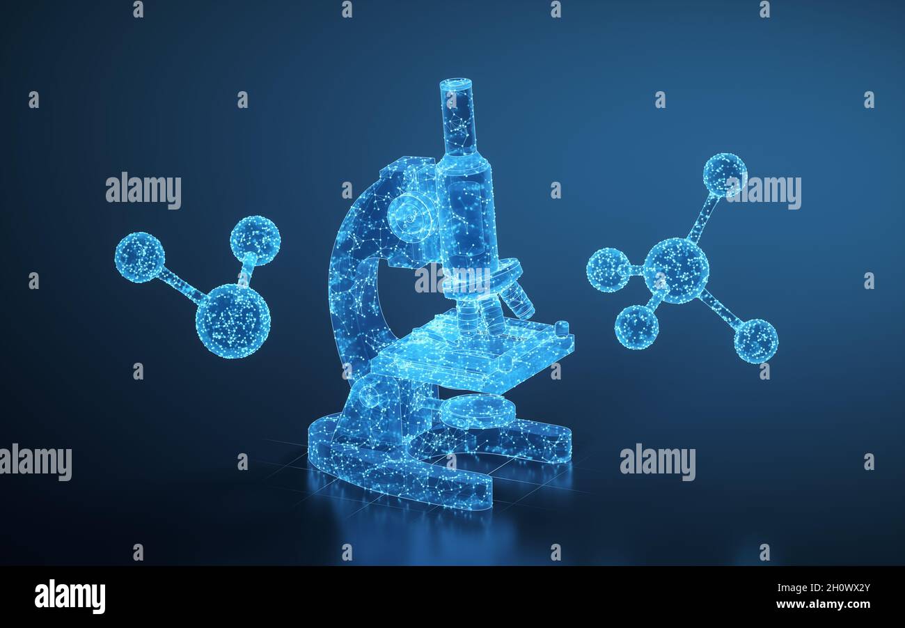 Glassware and microscope in the laboratory, 3d rendering. Computer ...