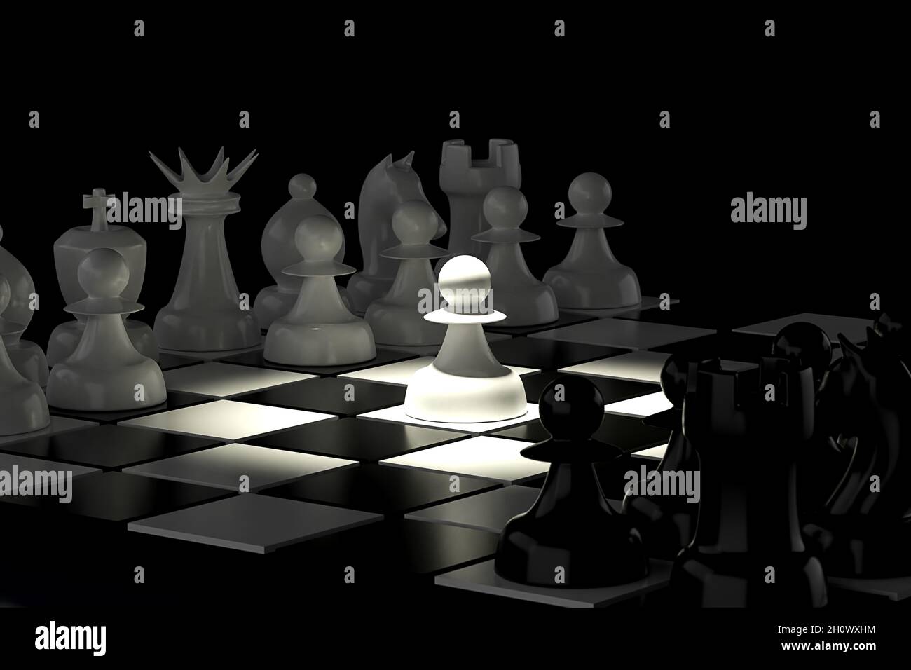 Plastic chess pieces on chess board. White pawn take first step Stock ...