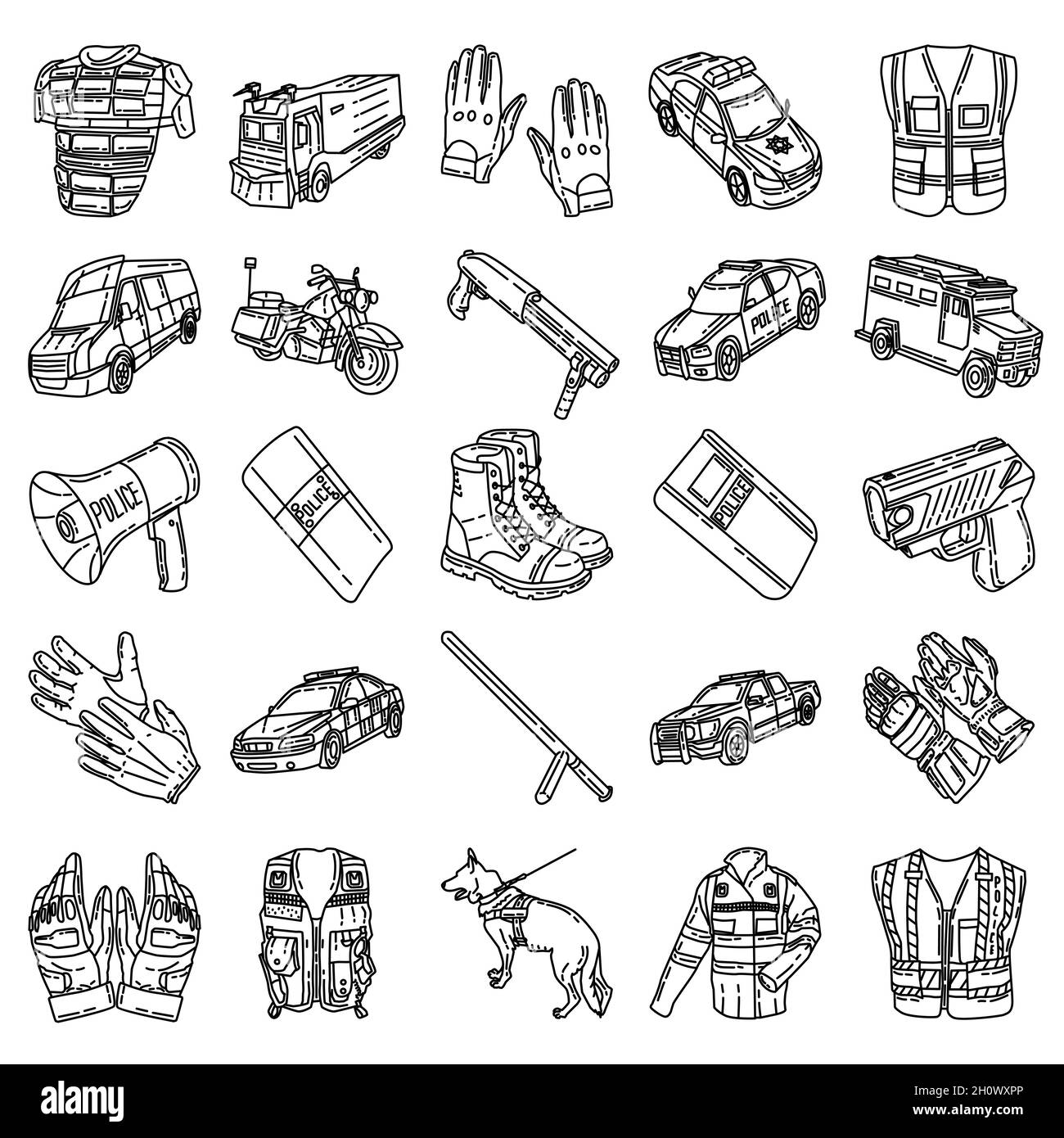 Police Equipment Device Hand Drawn Icon Set Vector Stock Vector Image ...