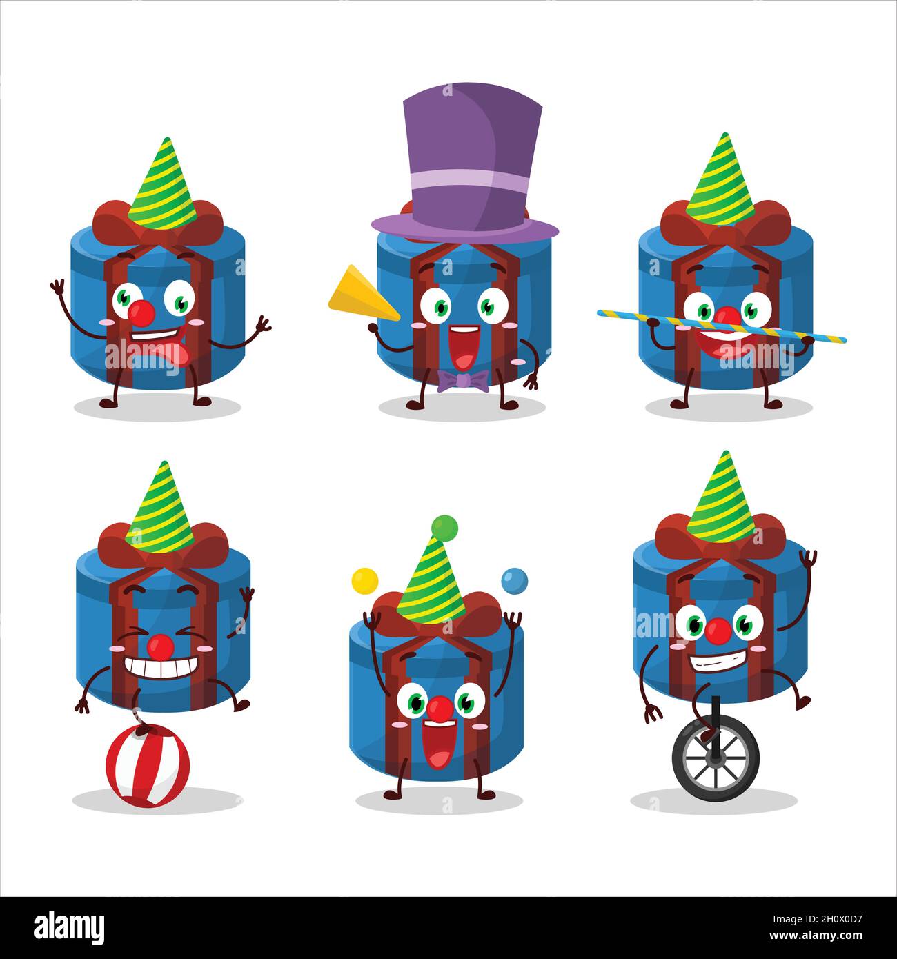 Cartoon character of blue round gift with various circus shows. Vector ...