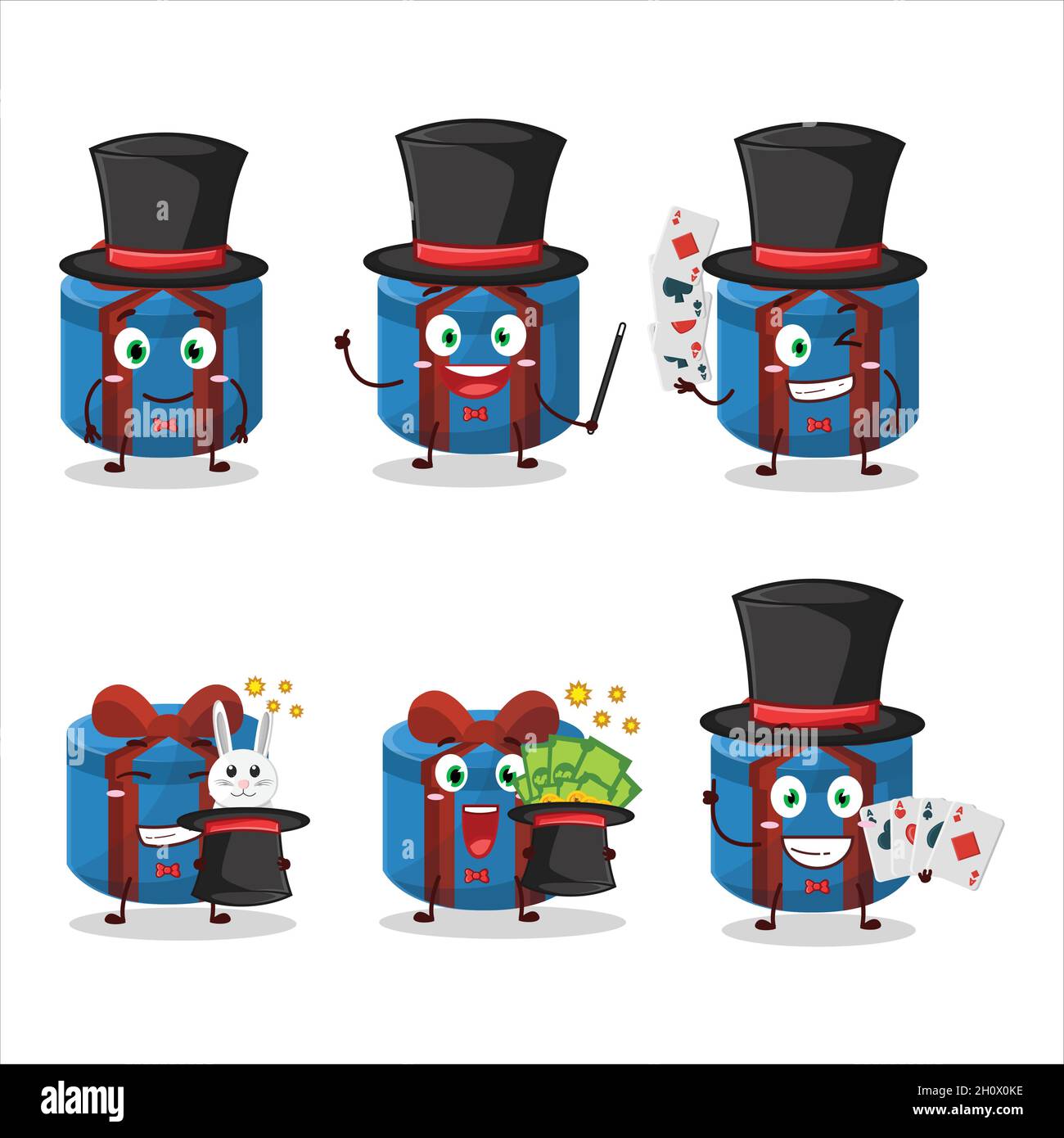 A blue round gift Magician cartoon character perform on a stage. Vector ...