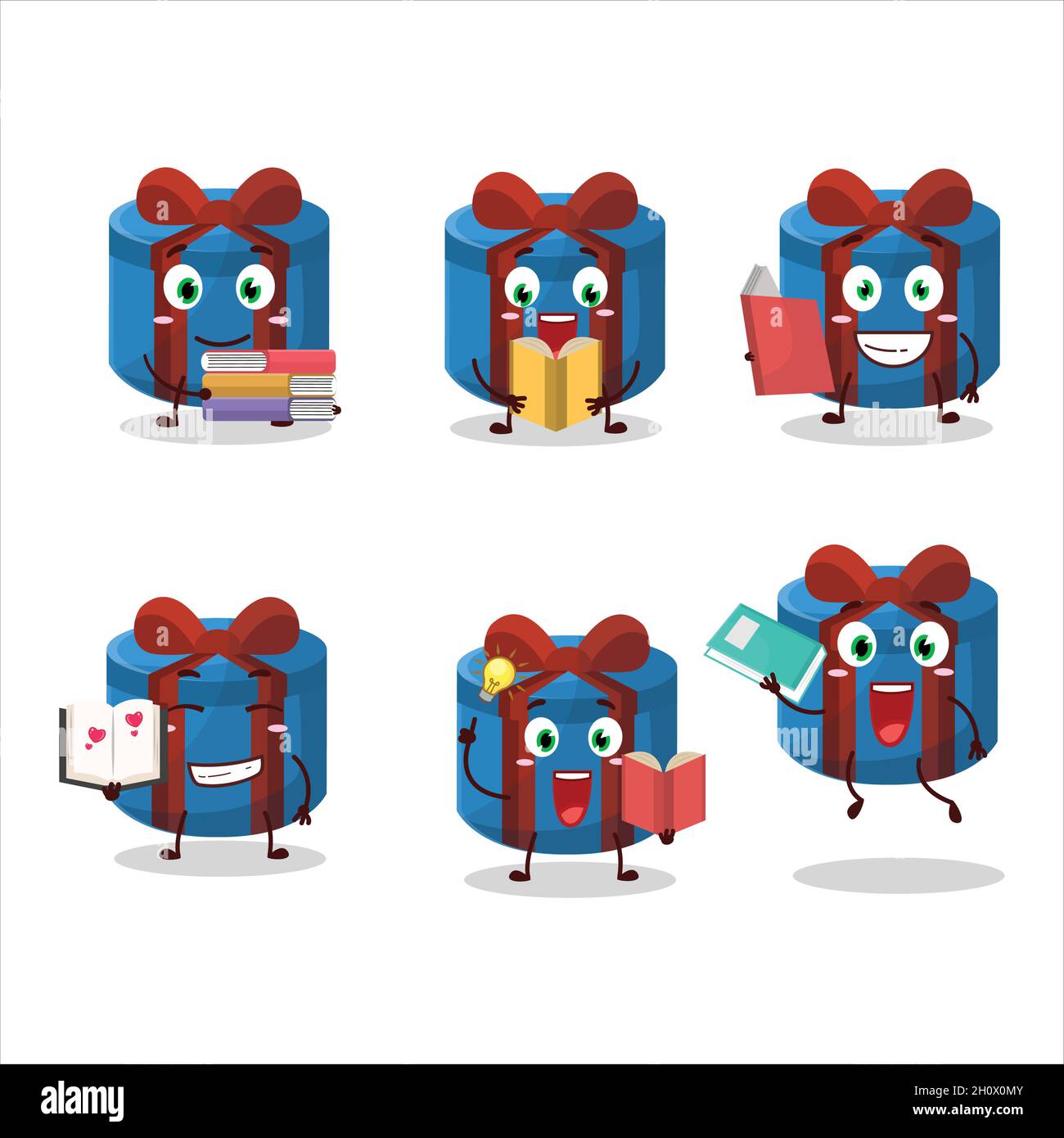 A picture of blue round gift cartoon character concept reading an ...