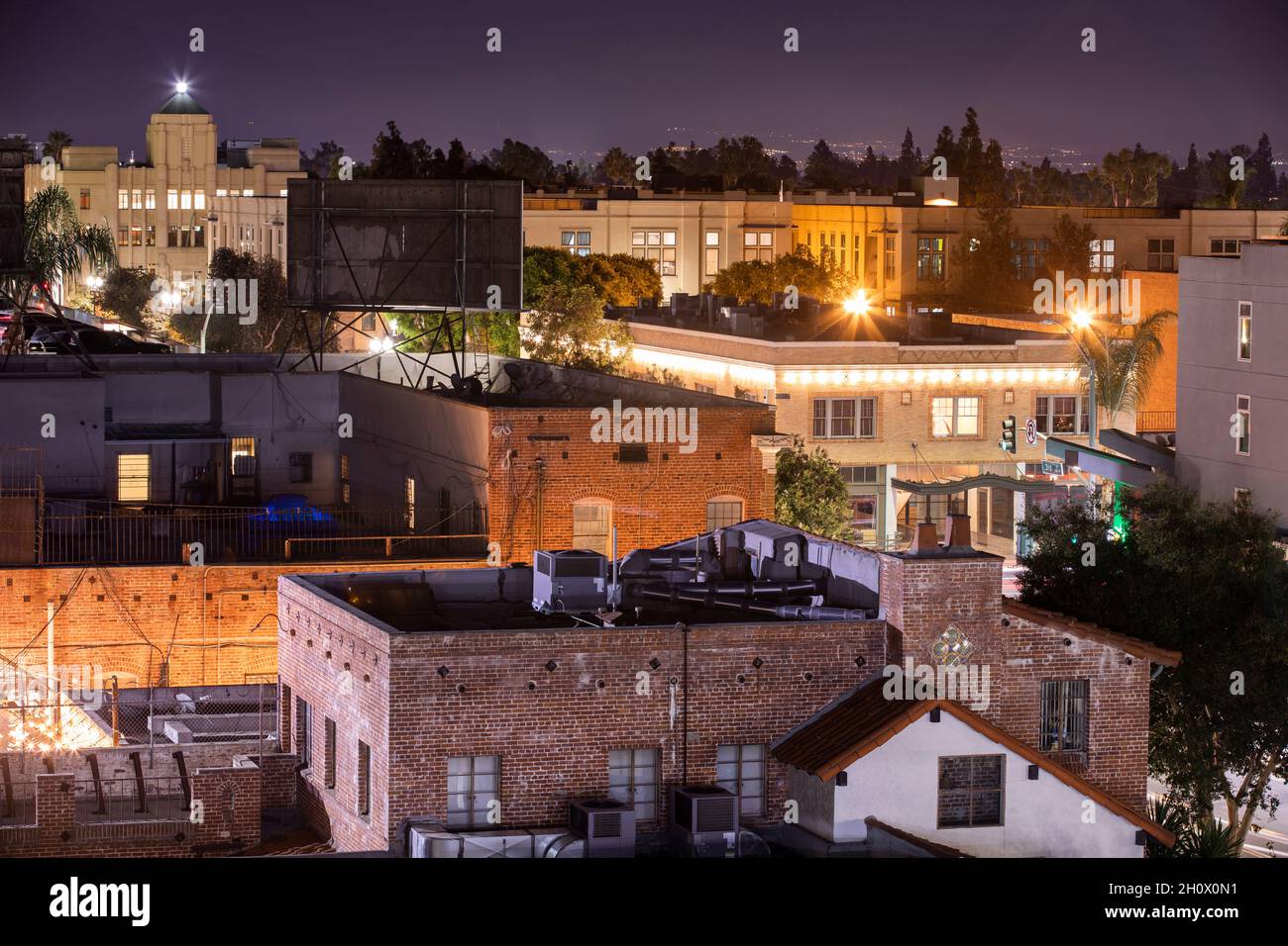 Twilight skyline view of the urban core of downtown Santa Ana ...