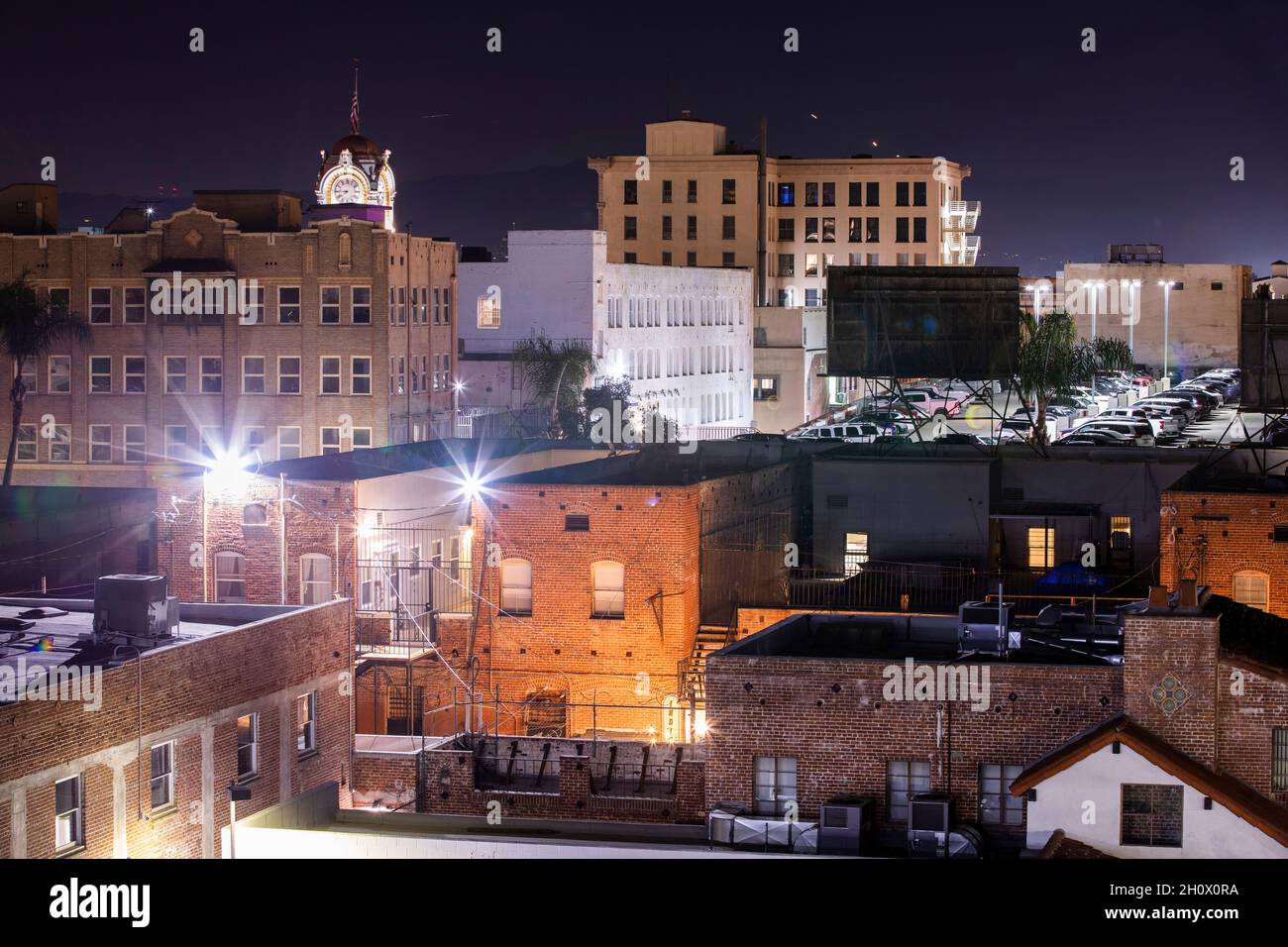 Twilight skyline view of the urban core of downtown Santa Ana ...