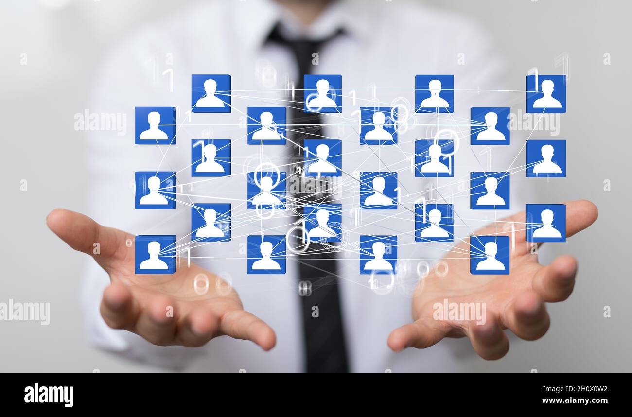 Person presenting the virtual projection of digital conference teamwork ...