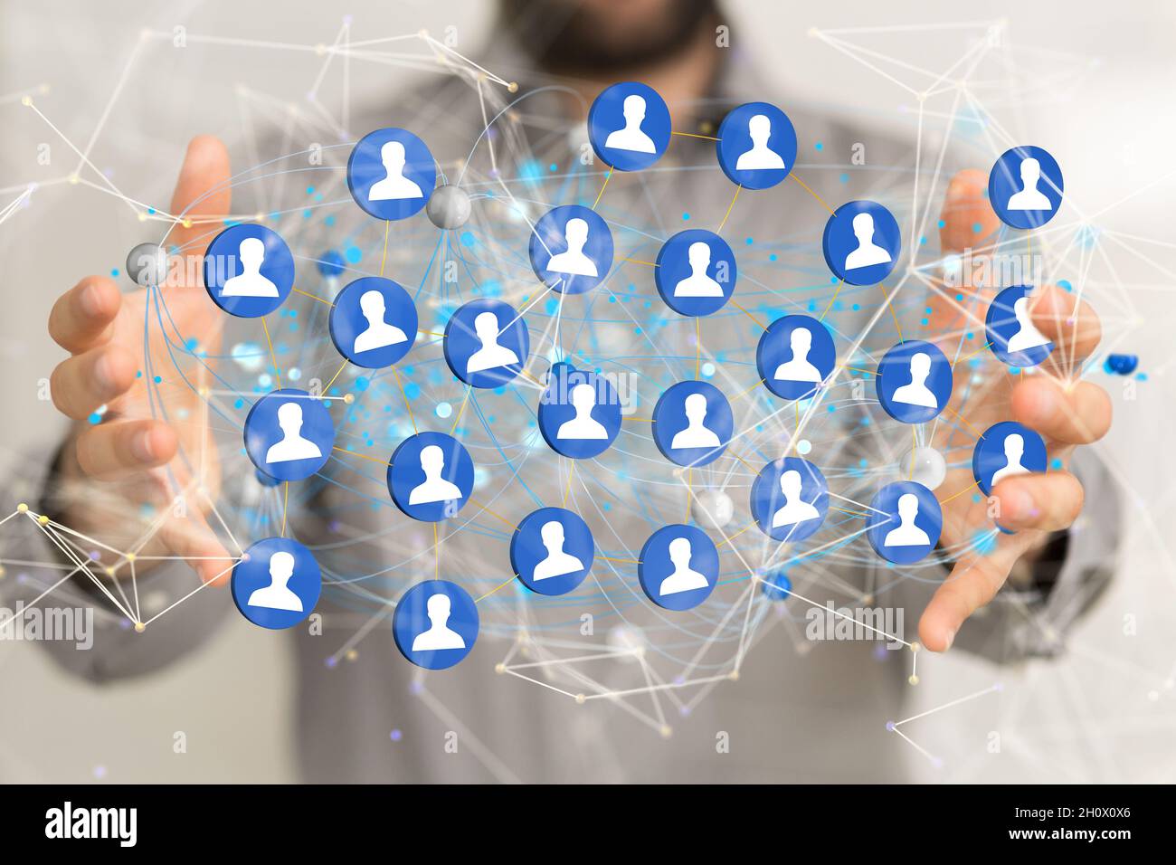 Person presenting the virtual projection of digital conference teamwork ...