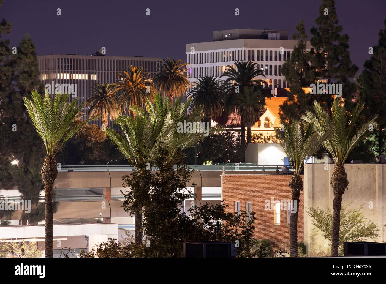 Twilight skyline view of the urban core of downtown Santa Ana ...