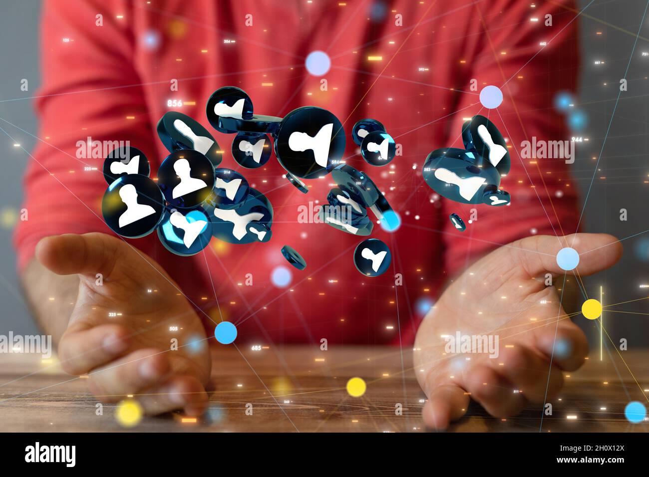 Person presenting the virtual projection of digital conference teamwork ...