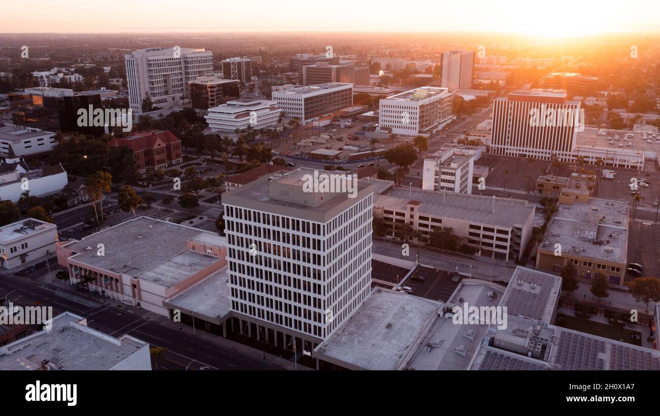 Sunset aerial view of the urban core of downtown Santa Ana, California ...