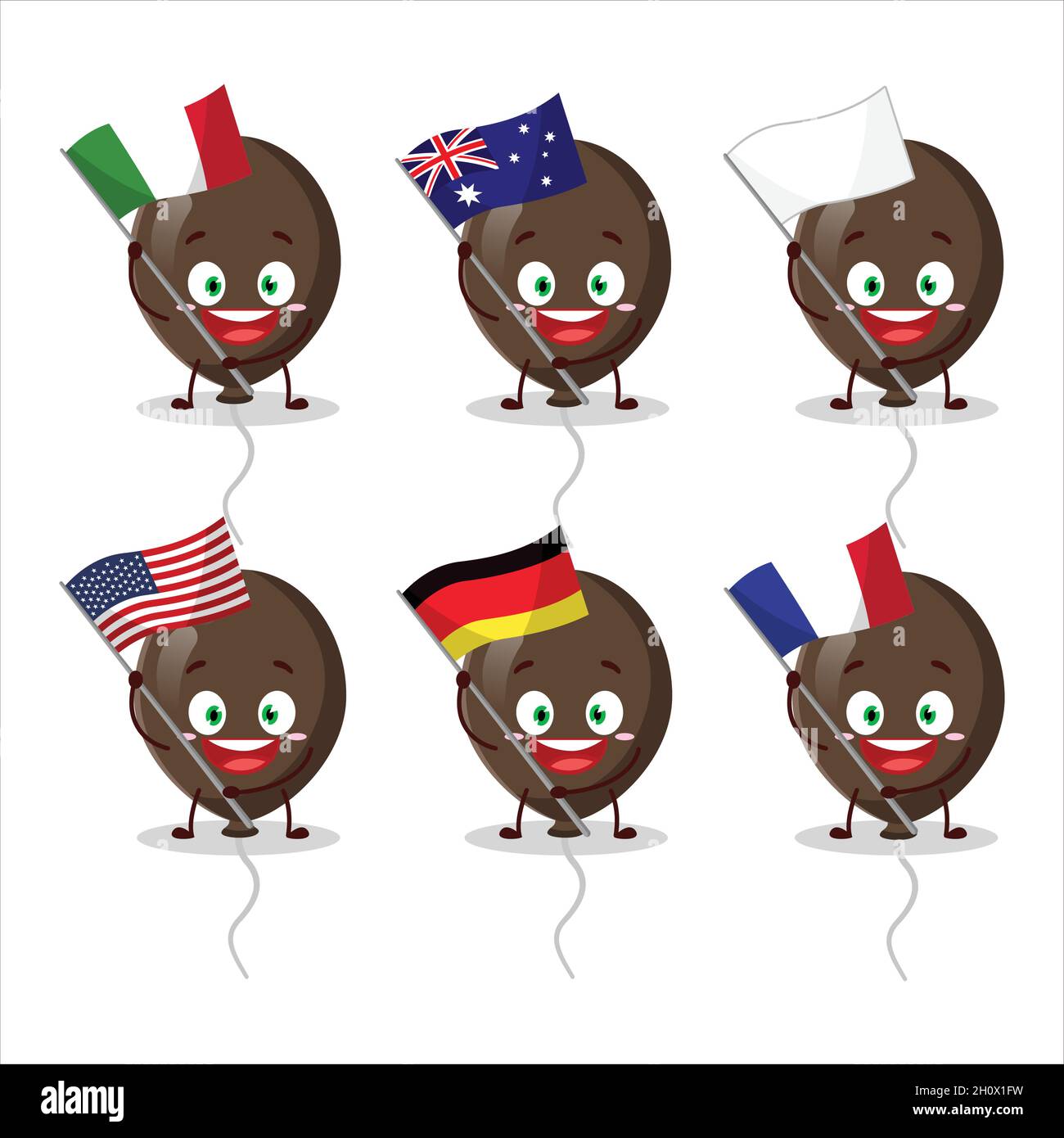 Brown balloons cartoon character bring the flags of various countries ...