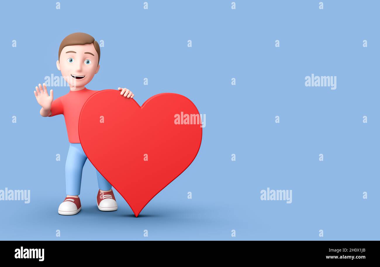 3D Cartoon Character with Red Heart Shape on Blue Background with Copy ...
