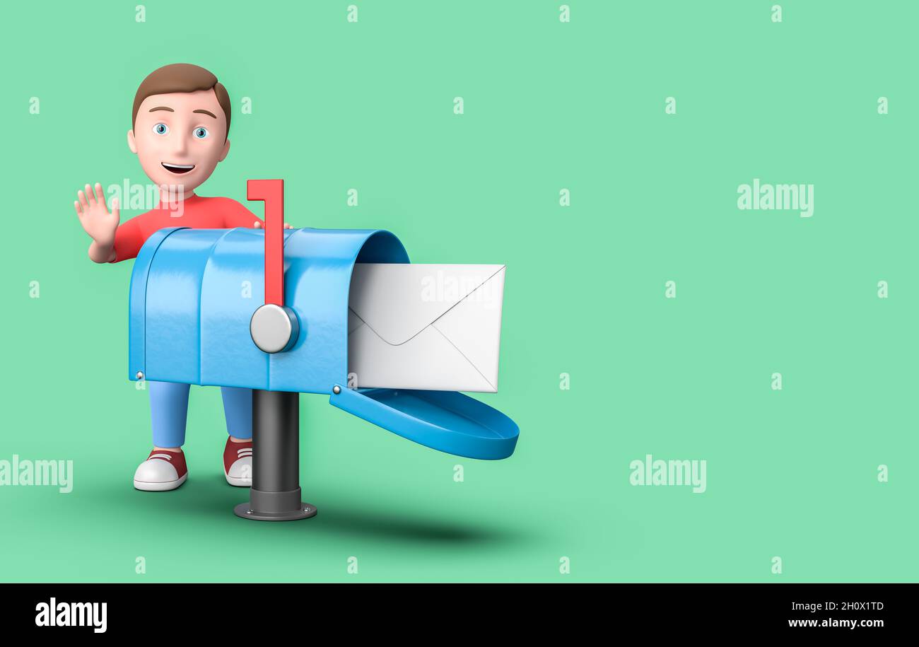 Young 3D Cartoon Character with Mailbox on Blue Background with Copy ...