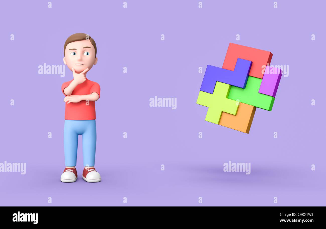 Young 3D Cartoon Character and Blocks Combined on Purple Background ...