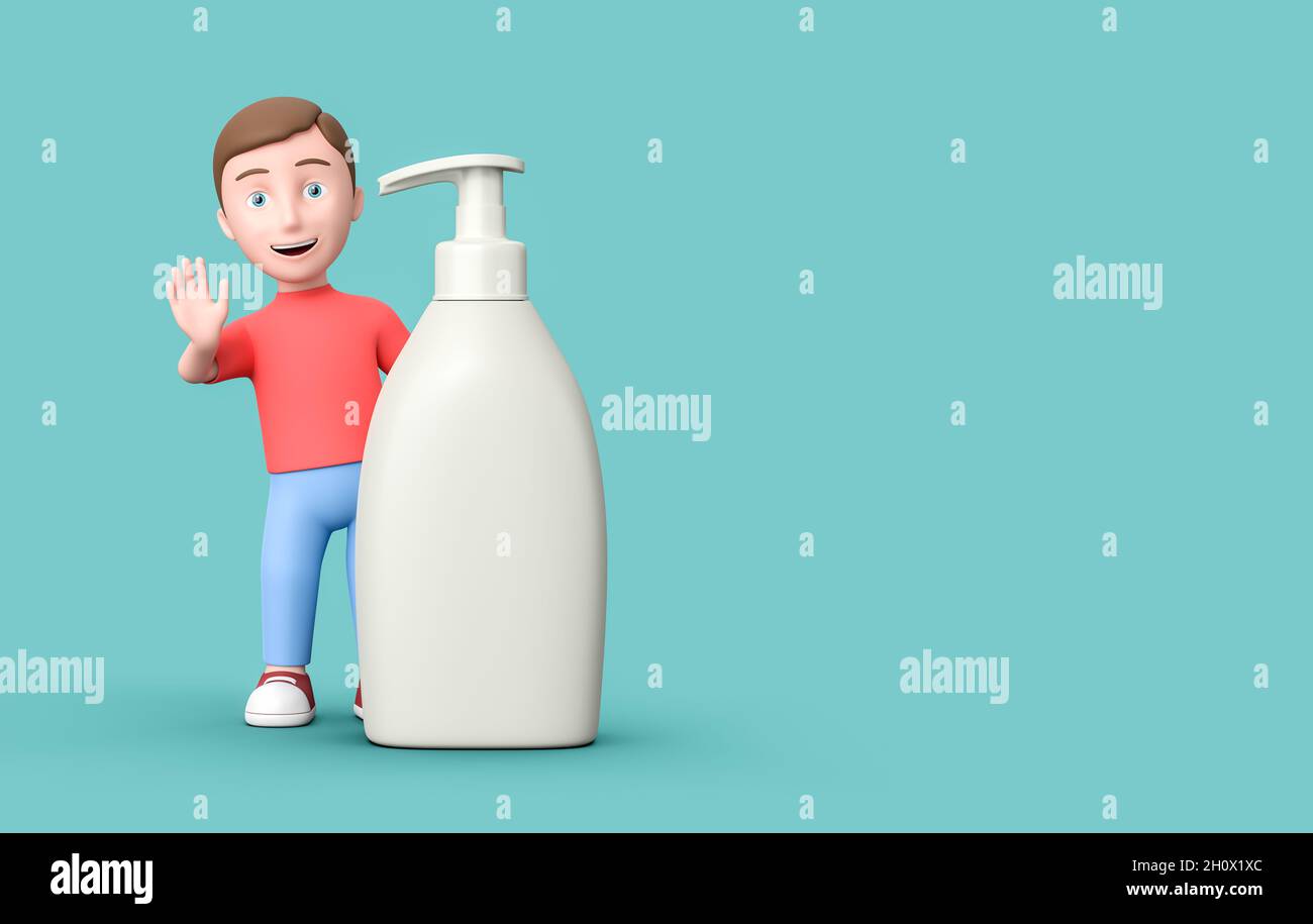 3D Cartoon Character with Soap Dispenser on Blue Background with Copy ...