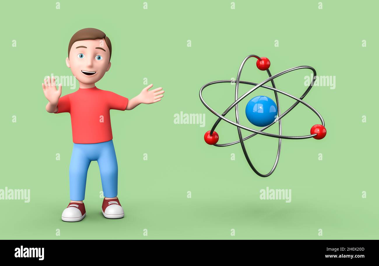 Young 3D Cartoon Character and Atom on Green Background with Copy Space ...