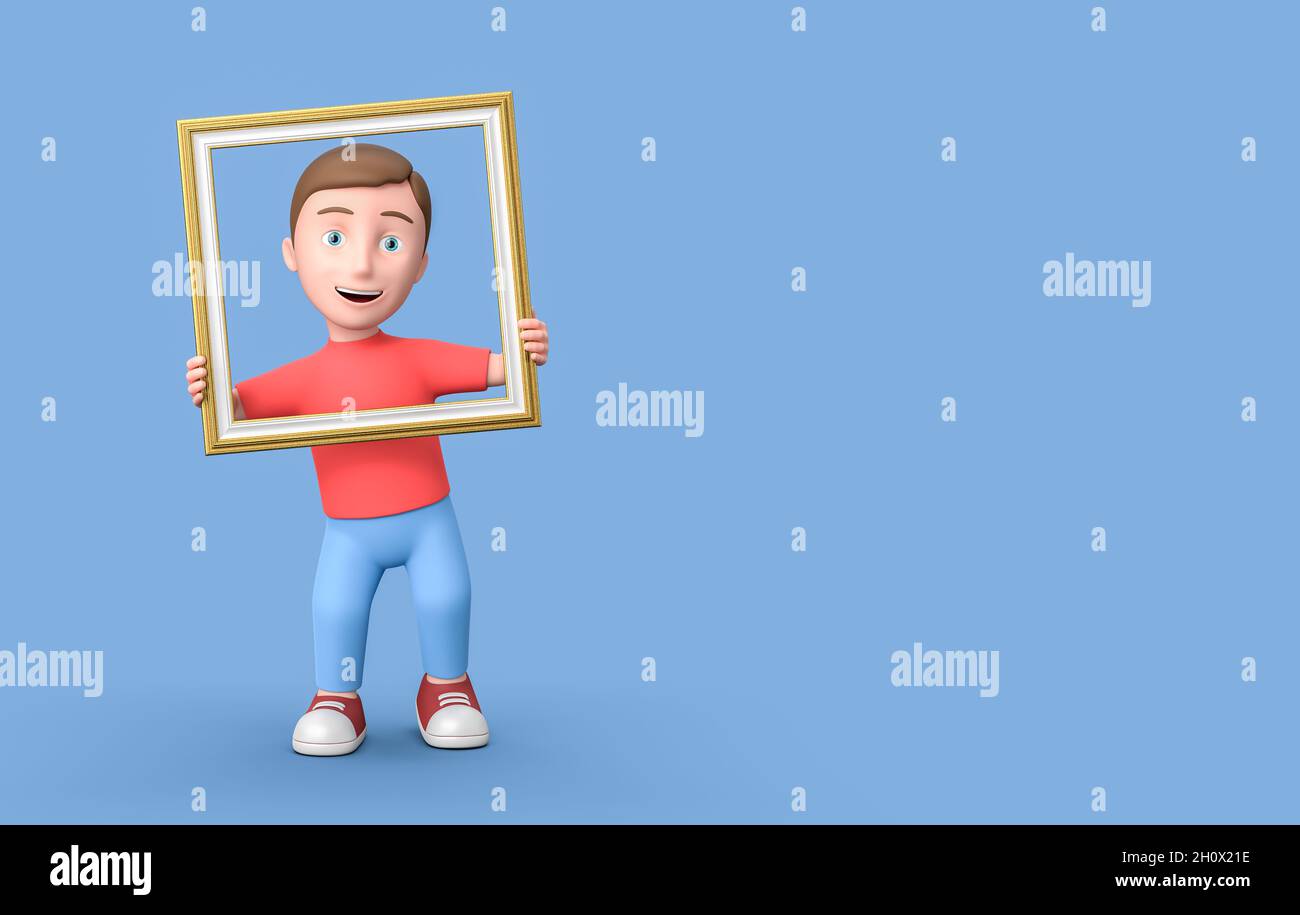 3D Cartoon Character into a Picture Frame on Blue Background with Copy ...