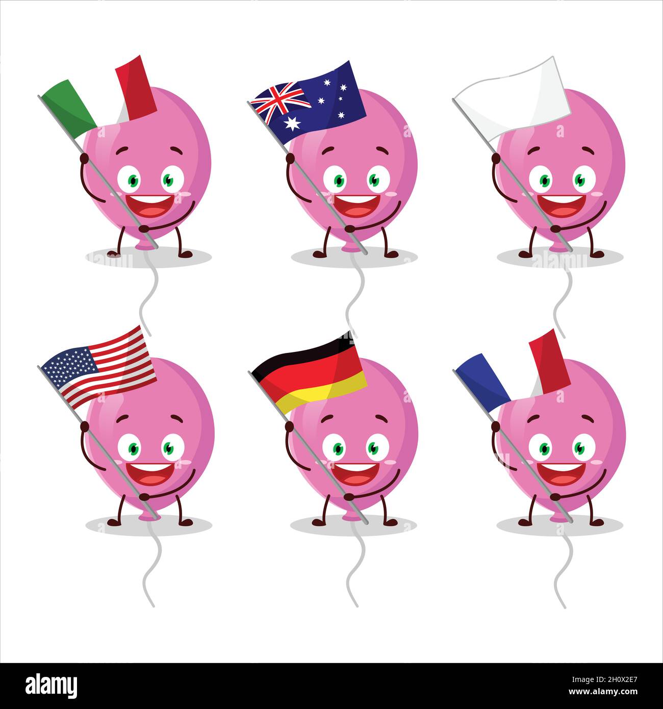 Pink balloons cartoon character bring the flags of various countries ...