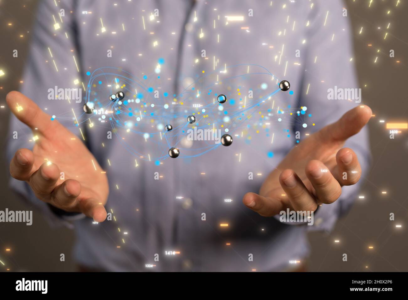 Person presenting the virtual projection of digital conference teamwork ...