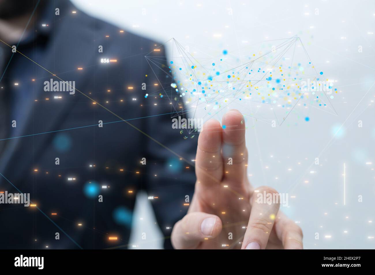 Person presenting the virtual projection of digital conference teamwork ...