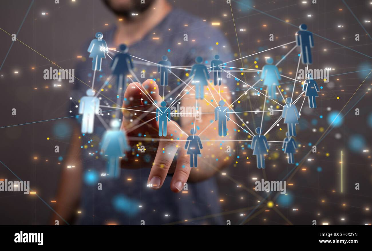 Person presenting the virtual projection of digital conference teamwork ...