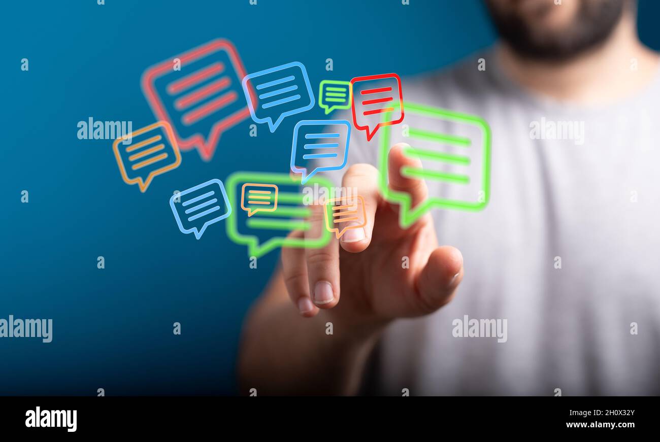 Person presenting the virtual projection of digital speech bubbles ...