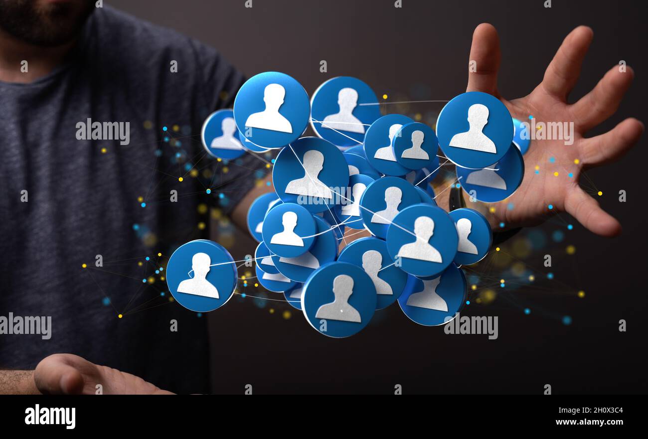 Person presenting the virtual projection of digital conference teamwork ...