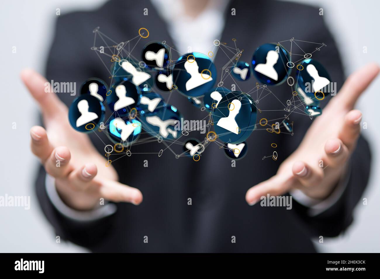 Person presenting the virtual projection of digital conference teamwork ...