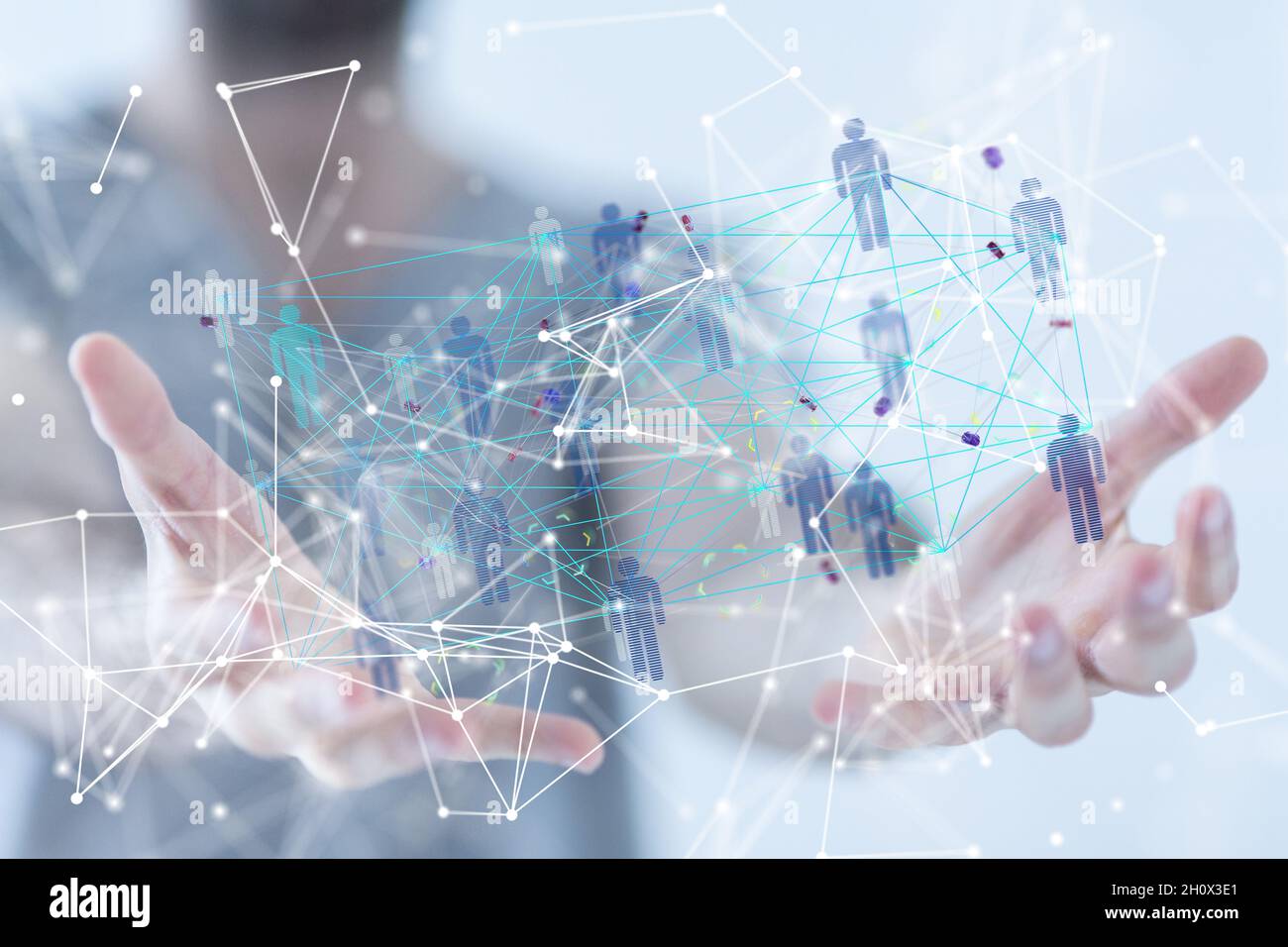 Person presenting the virtual projection of digital conference teamwork ...