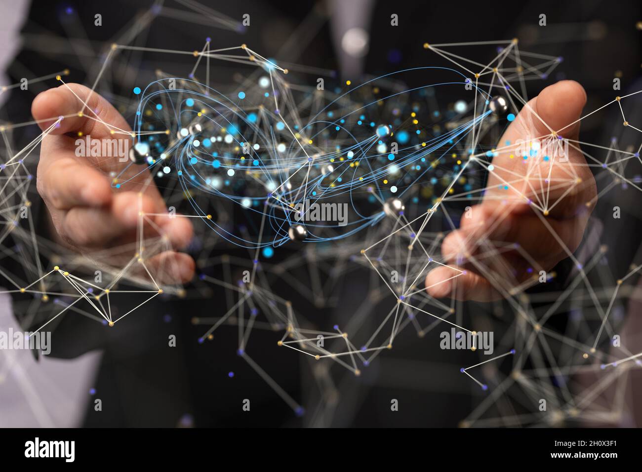 Person presenting the virtual projection of digital conference teamwork ...