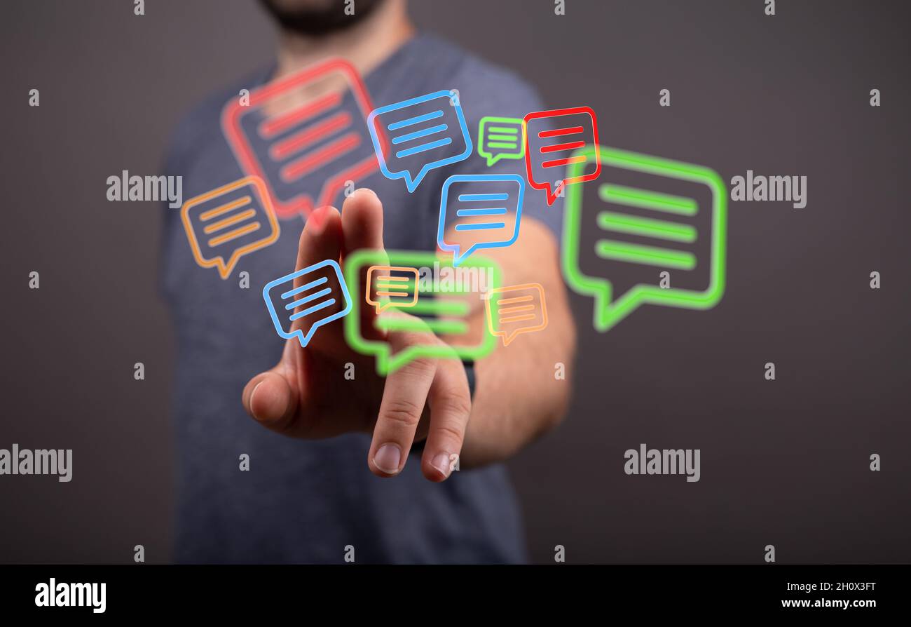 Person presenting the virtual projection of digital speech bubbles ...